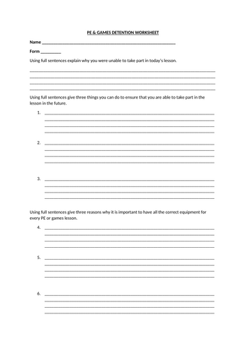 PE & Games Detention worksheet | Teaching Resources