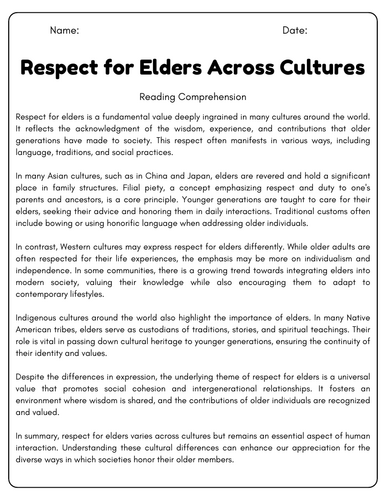 Respect for Elders Across Cultures: Reading Comprehension Passages ...