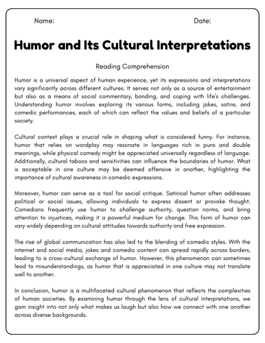 Humor and Its Cultural Interpretations: Reading Comprehension Passages ...