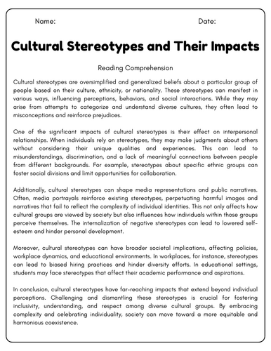 Cultural Stereotypes and Their Impacts: Reading Comprehension Passages ...