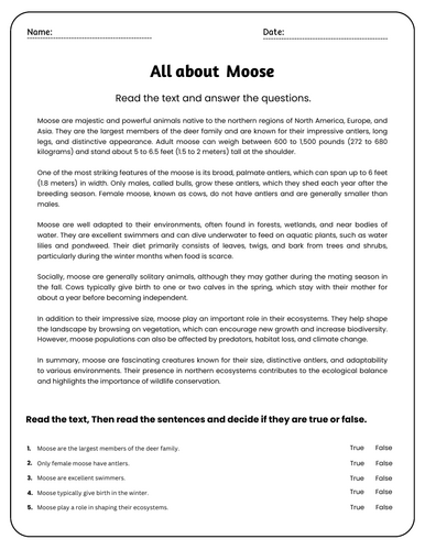 All About Moose - Reading Comprehension Passages & Questions Worksheets ...