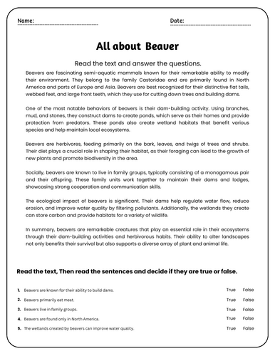 All About Beavers - Reading Comprehension Passages & Questions ...