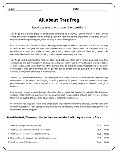 All About Tree Frogs - Reading Comprehension Passages & Questions ...
