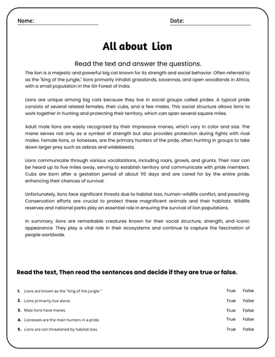 All About Lions - Reading Comprehension Passages & Questions Worksheets ...