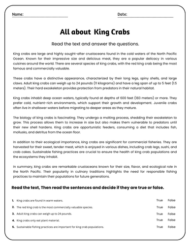 All About King Crabs - Reading Comprehension Passages & Questions ...