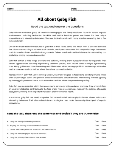 All About Goby Fish - Reading Comprehension Passages & Questions ...
