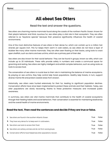 All About Sea Otters - Reading Comprehension Passages & Questions ...