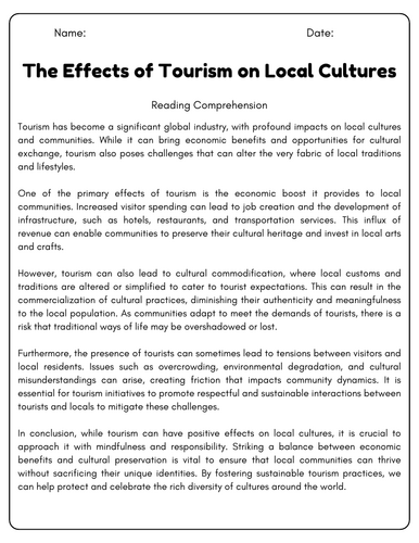 The Effects of Tourism on Local Cultures: Reading Comprehension ...