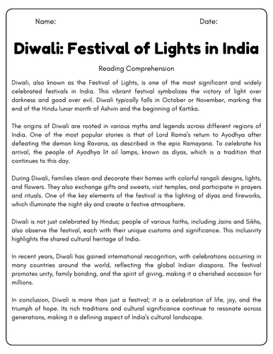 Diwali: Festival of Lights in India: Reading Comprehension Passages ...