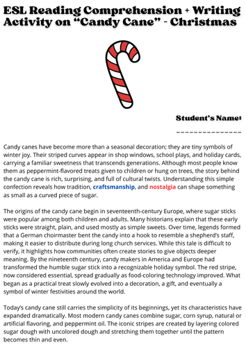 ESL Reading Comprehension + Writing Activity Worksheets - Candy Cane ...