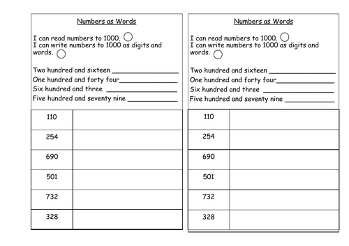 Numbers as Words to 1000 Worksheet | Teaching Resources