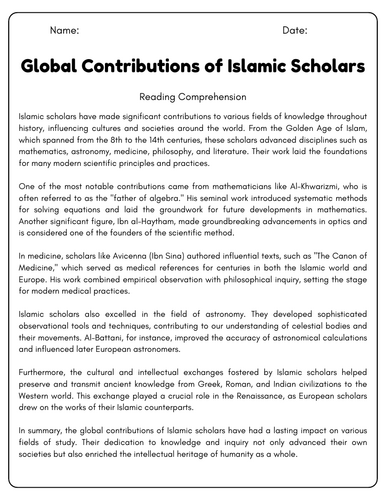 Global Contributions of Islamic Scholars: Reading Comprehension ...