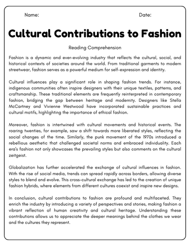 Cultural Contributions to Fashion: Reading Comprehension Passages ...