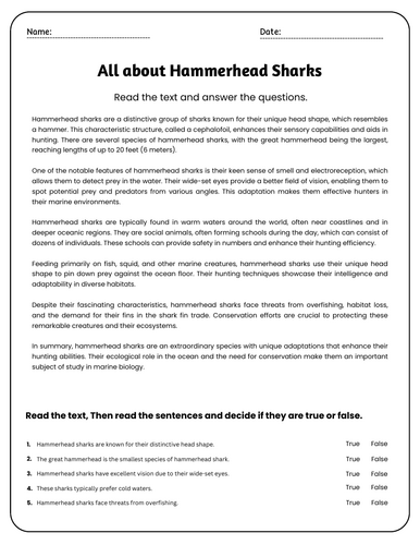 All About Hammerhead Sharks Reading Comprehension Passages & Questions ...