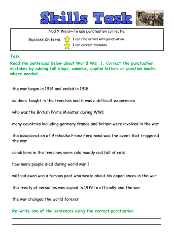 Literacy Skills WW1 Trenches Topic - Six worksheets | Teaching Resources