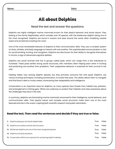 All About Dolphins Reading Comprehension Passages & Questions ...