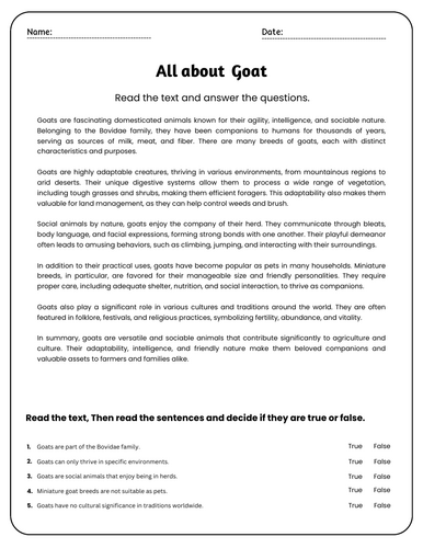 All About Goats Reading Comprehension Passages & Questions Worksheets ...
