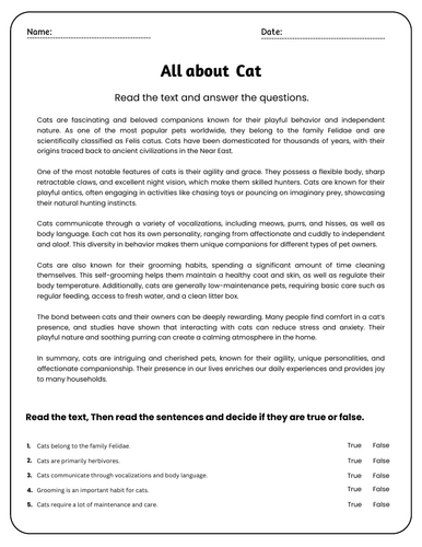 All About Cats Reading Comprehension Passages & Questions Worksheets | Teaching Resources
