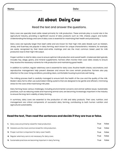All About Dairy Cows Reading Comprehension Passages & Questions ...