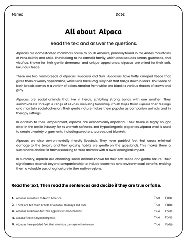 All About Alpacas Reading Comprehension Passages & Questions Worksheets ...