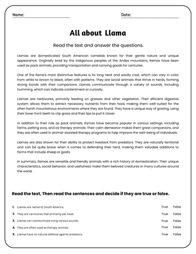 All About Llamas Reading Comprehension Passages & Questions Worksheets ...