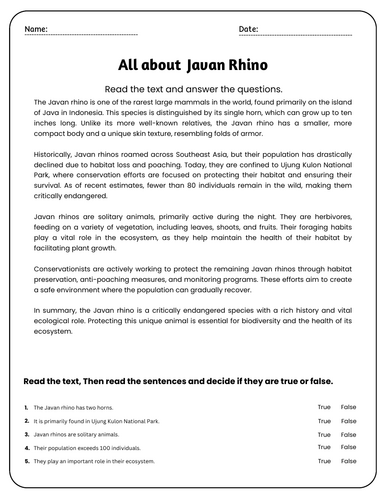 All About Javan Rhinos Reading Comprehension Passages & Questions ...