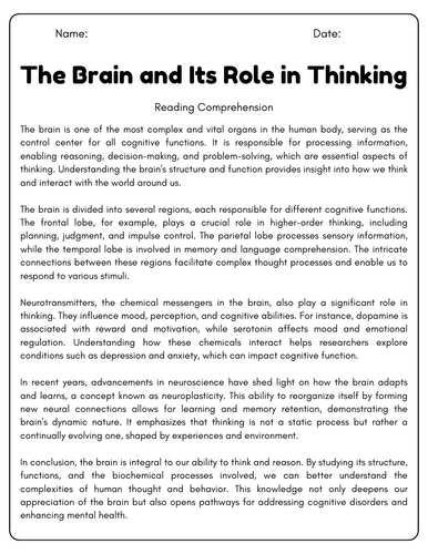 The Brain and Its Role in Thinking: Reading Comprehension Passages ...