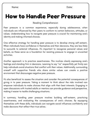How to Handle Peer Pressure: Reading Comprehension Passages & Questions ...