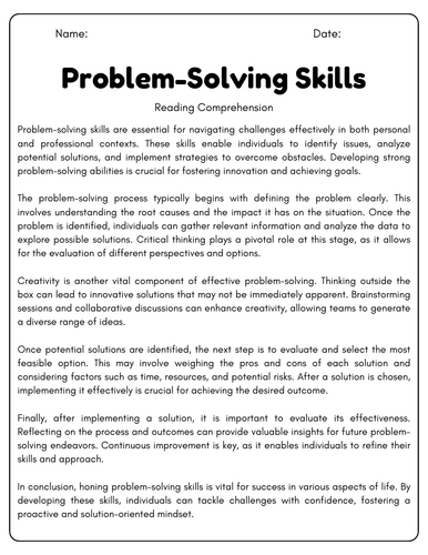 Problem-Solving Skills: Reading Comprehension Passages & Questions ...