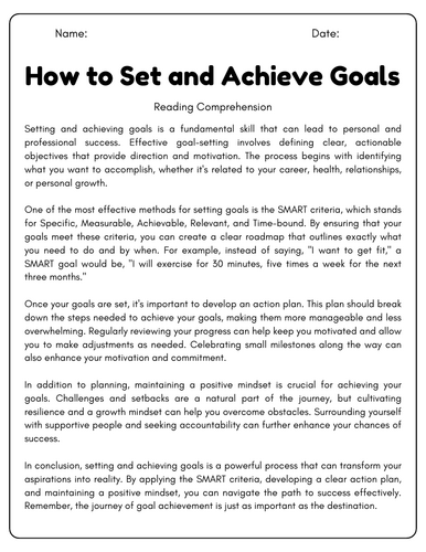 How to Set and Achieve Goals: Reading Comprehension Passages ...