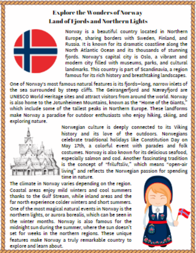 Norway Reading Comprehension Pack: Fjords, Northern Lights & Viking ...