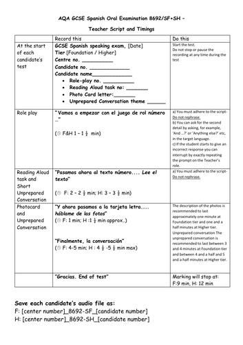 AQA GCSE Spanish 8692 Speaking Exam Teacher Script & Guidance ...