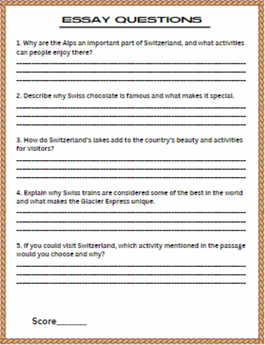 Switzerland Reading Comprehension Pack: Mountains, Chocolate & Lakes ...