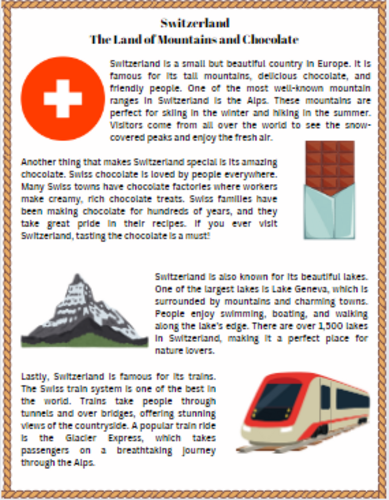 Switzerland Reading Comprehension Pack: Mountains, Chocolate & Lakes ...
