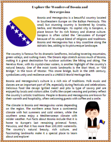 Bosnia and Herzegovina Reading Comprehension Pack: Culture, Geography ...