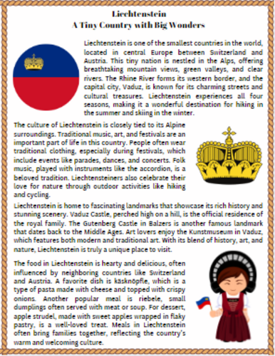 Liechtenstein Reading Comprehension Pack: Alpine Culture & Landmarks ...