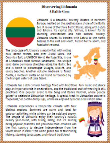 Lithuania Reading Comprehension Pack: Baltic Culture & Geography ...
