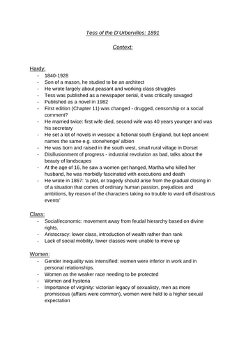 Skeleton notes on Tess of the D’Urbervilles | Teaching Resources