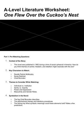A-Level Literature Worksheet: One Flew Over the Cuckoo’s Nest – Part 1 ...