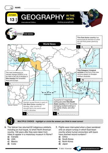 GEOGRAPHY IN THE NEWS weekly quiz - 24th November 2025 | Teaching Resources