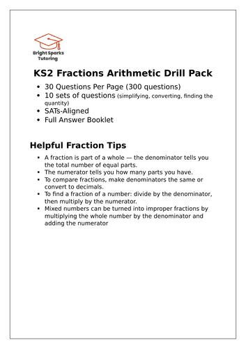KS2 Fractions Arithmetic Drill Pack (Hint and Tips + Worksheets 30 ...