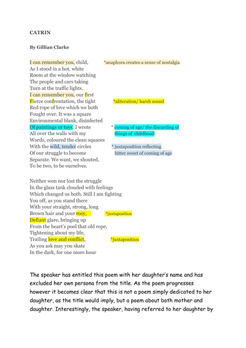 WJEC/ GCSE English Literature: an analysis of Gillian Clarke's poem ...