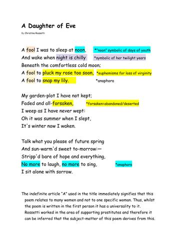 A* Analysis "A Daughter of Eve" Christina Rossetti: A Level English ...
