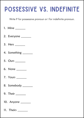 Possessive and Indefinite Pronouns Grammar Worksheets for Grade 1, 2, 3 ...