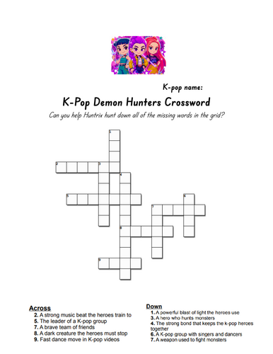 K-Pop Demon Hunters Crossword KS2 | Teaching Resources