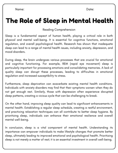 The Role of Sleep in Mental Health: Reading Comprehension Passages ...