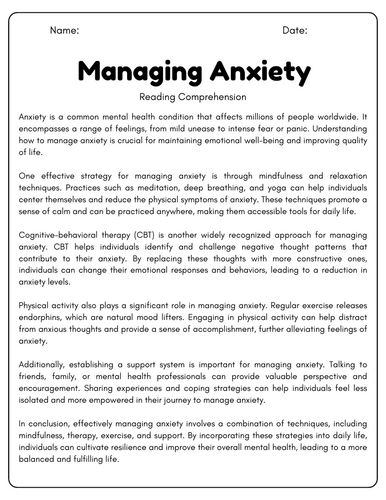 Managing Anxiety: Reading Comprehension Passages & Questions Worksheets ...