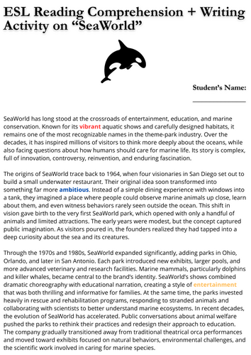 ESL Reading Comprehension + Writing Activity Worksheets - SeaWorld ...