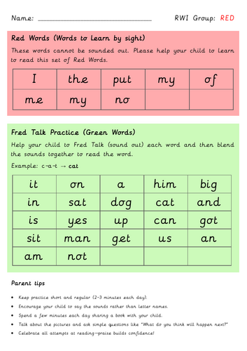 RWI Story Words Crib Sheets (Red–Grey Group) for Home Practice ...