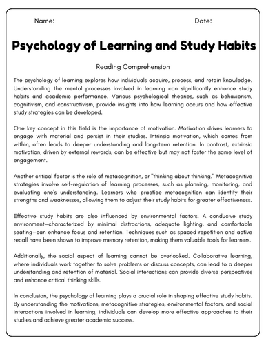 Psychology of Learning and Study Habits: Reading Comprehension Passages ...